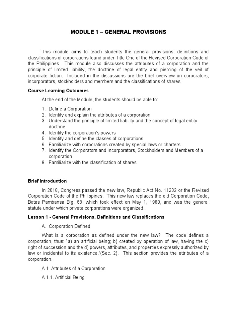Module 1 - Revised Corp Code - Gen Provisions | PDF | Stocks | Corporations