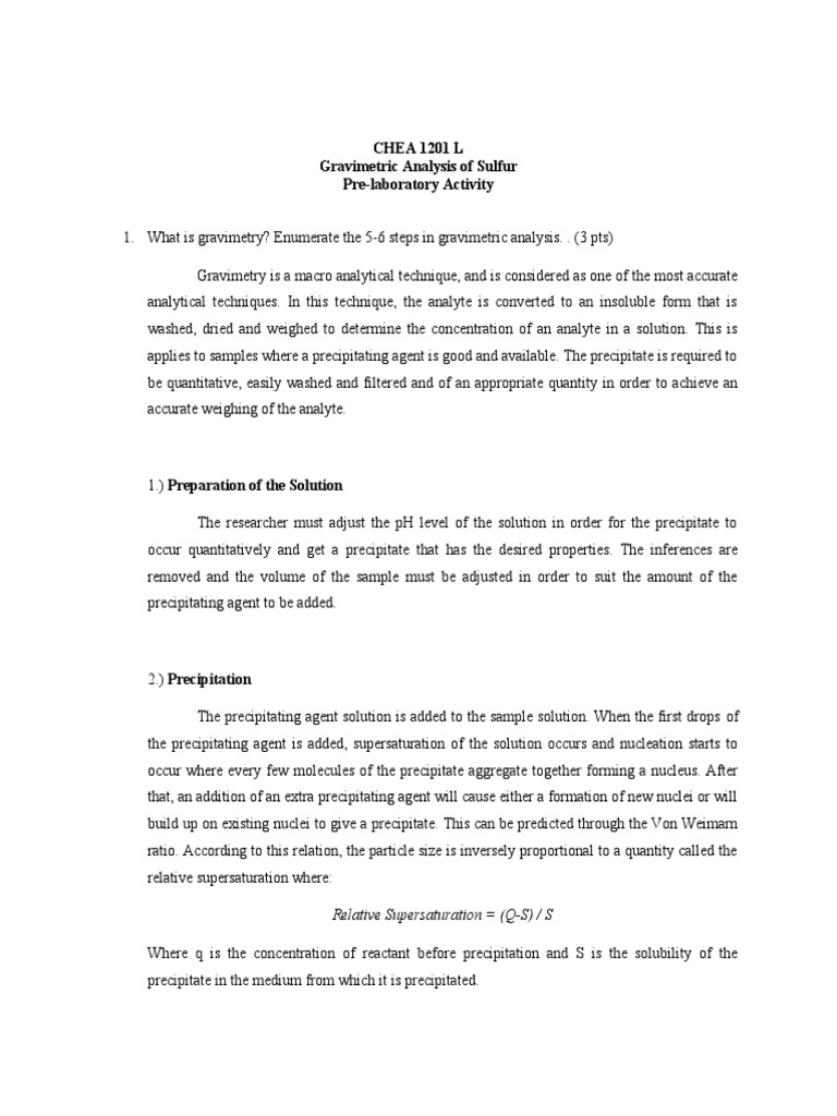 CHEA 1201L - PreLab For Gravimetric Analysis - Gravimetric Analysis of Sulfur | PDF | Chemistry ...
