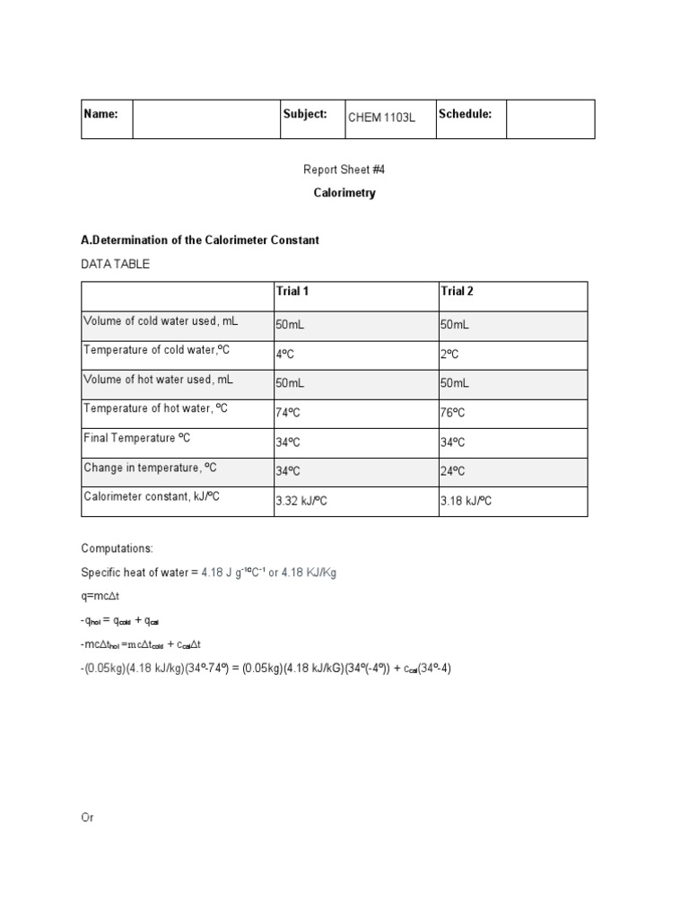 Reportsheet#4 Calorimetry Chem1103l | PDF | Chemical Bond | Mole (Unit)
