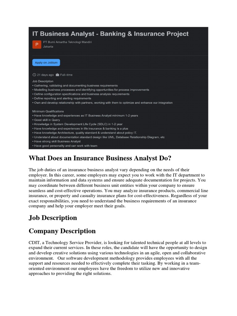 Insurance Business Analyst Job Desc - Qualification | Download Free PDF ...