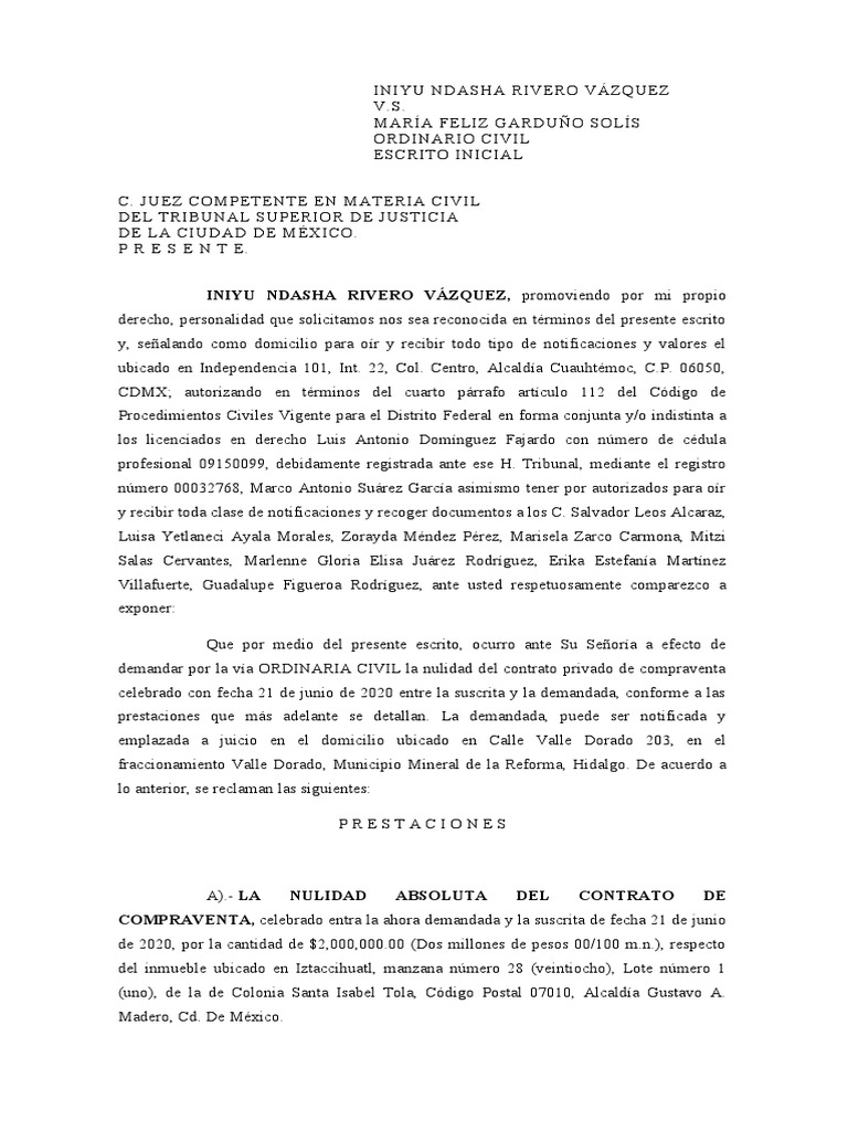 Escrito Inicial de Demanda | PDF | Testigo experto | Propiedad