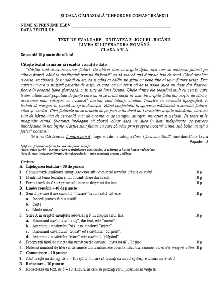 Test UNITATEA 2 | PDF