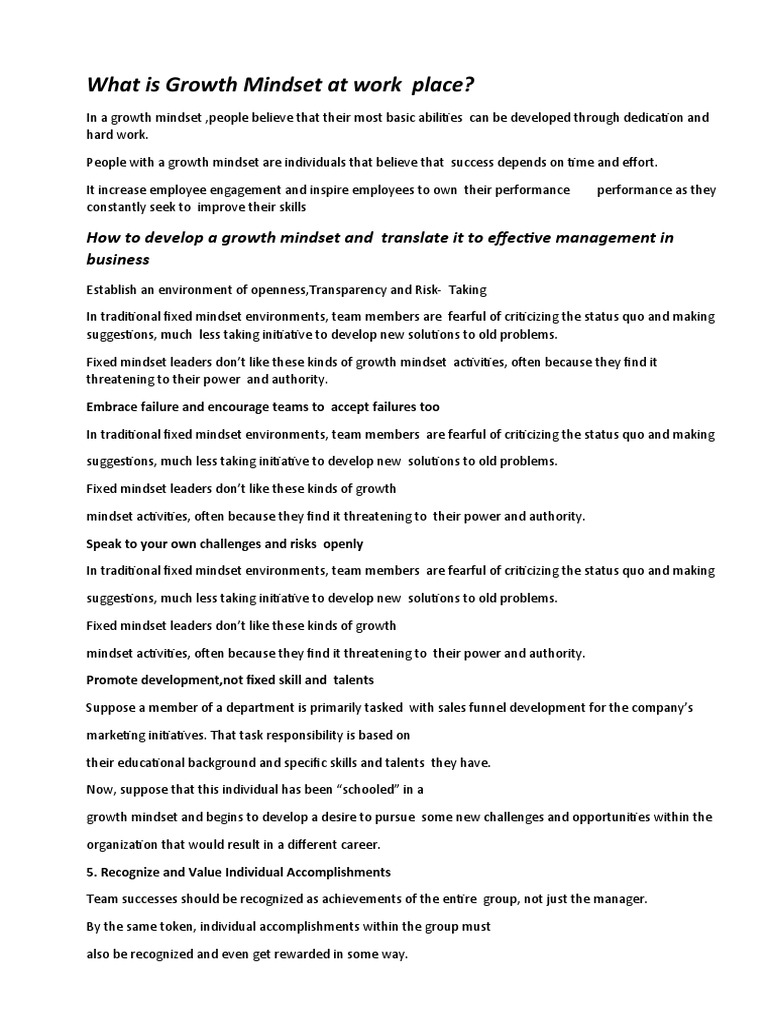 What Is Growth Mindset at Work Place | PDF | Mindset | Behavior ...