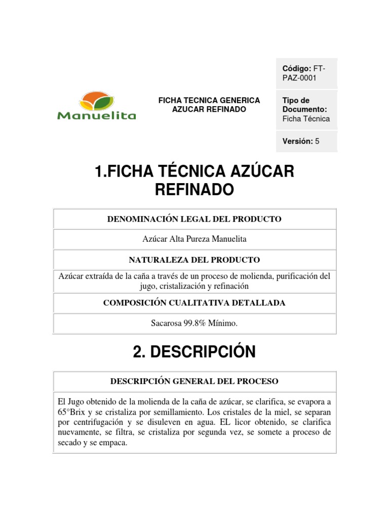 Ficha Tecnica Generica Azucar Refinado | PDF | Azúcar | Dieta y nutrición