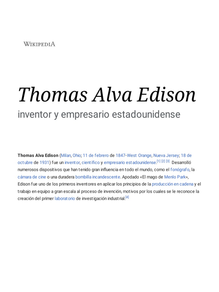 Thomas Alva Edison - Wikipedia, La Enciclopedia Libre | PDF | Thomas ...