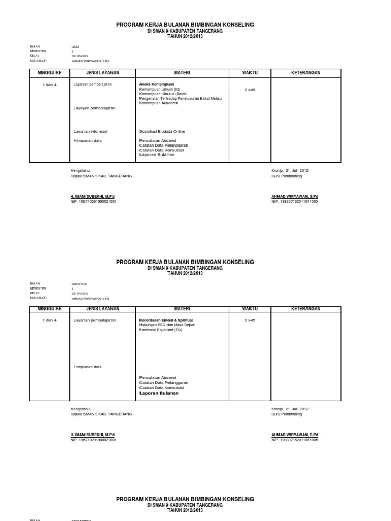Program Bulanan BK Kelas Xii | PDF