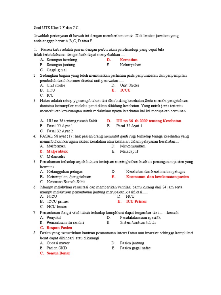 SOAL & JAWABAN UTS KEP KRITIS - ERSA OKTAVIANA SUGINA - 7G - Compressed | PDF