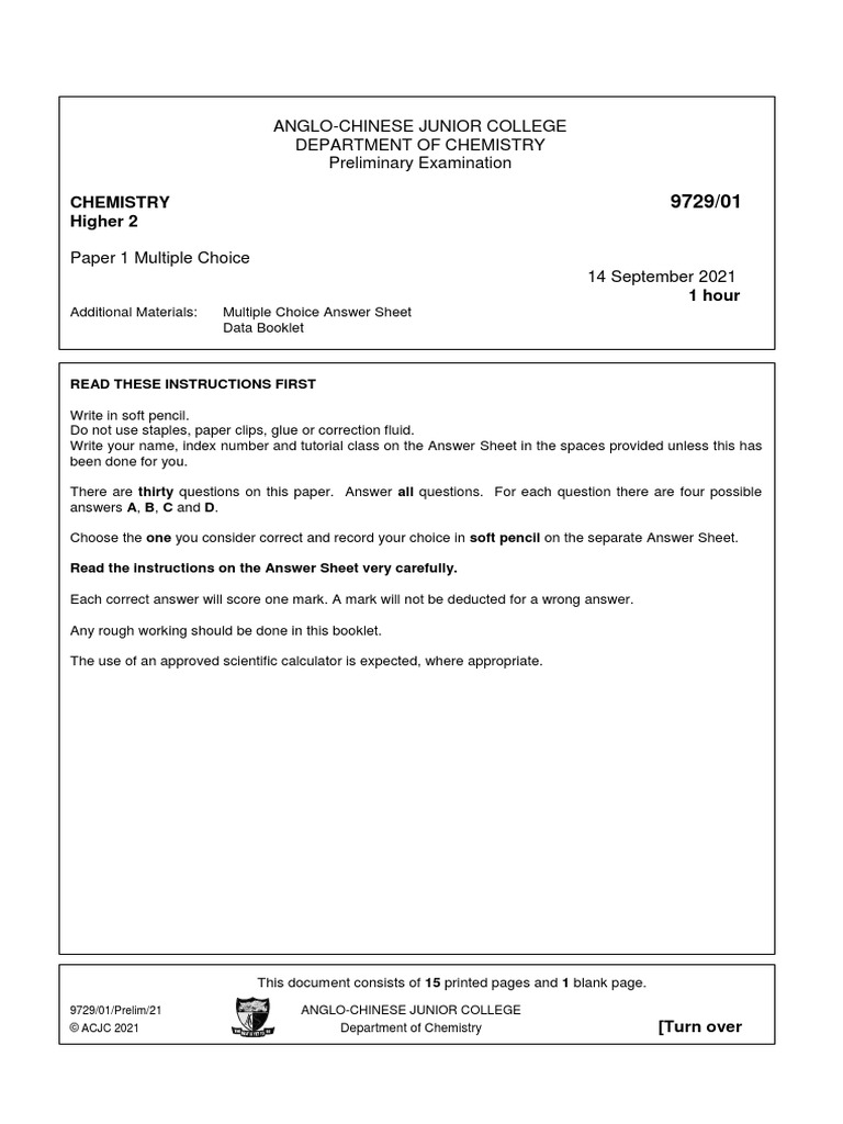 ACJC H2 Chem 2021 Prelim Paper 1 - Solutions | PDF | Sodium Hydroxide ...