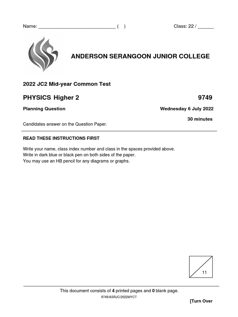 ASRJC H2 Physics MYCT 2022 Planning | PDF | Science