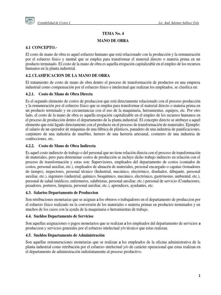 TEMA No. 4 MANO DE OBRA - 2dos. 2022 | PDF | Salario | Costo