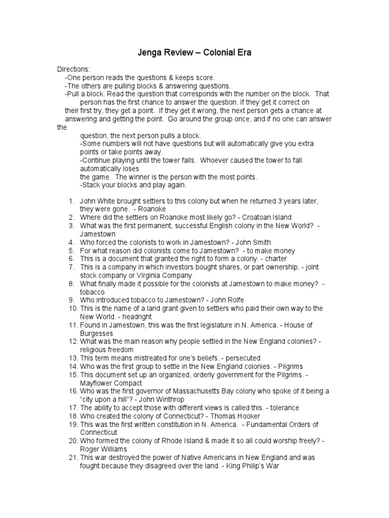 Jenga Review – Colonial Era | PDF | Jamestown, Virginia | Roanoke Colony