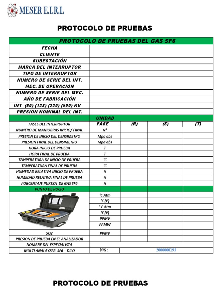 Protocolo de Pruebas Del Gas SF6 Int - Unipolar Set San Jose Arequipa | PDF | Humedad | Atmósfera