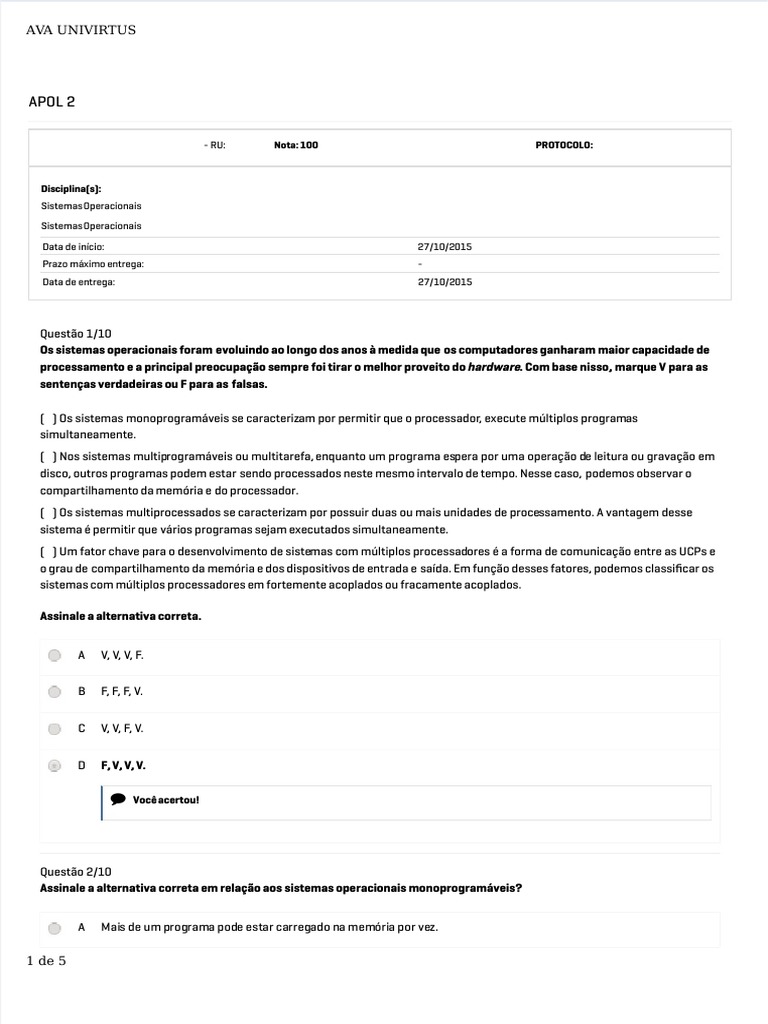 Apol 2 Sistemas Operacionais Uninter | PDF