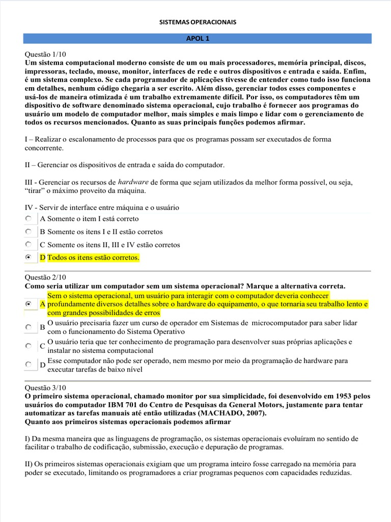 Apol 1 | PDF | Sistema operacional | Agendamento (informática)