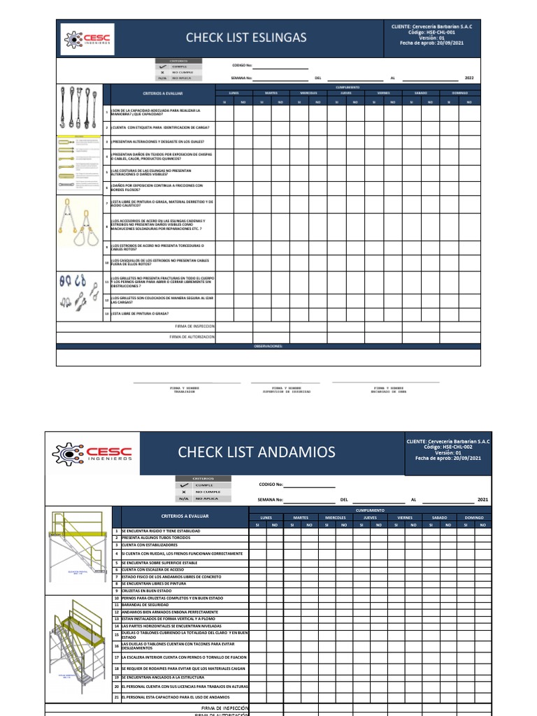 Check list de eslingas, andamios y arneses de seguridad | PDF | Equipo ...