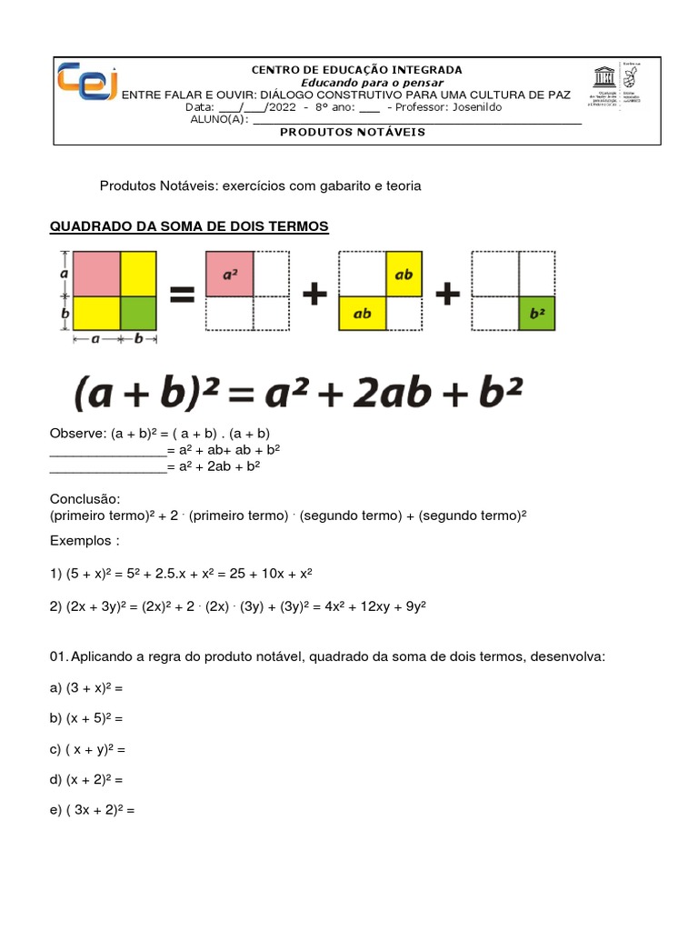Produtos notáveis: exercícios com gabarito e teoria | PDF
