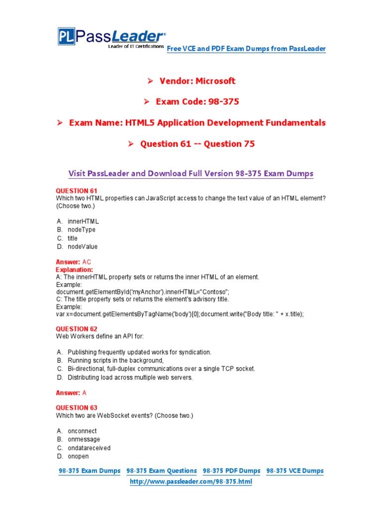 Vendor: Microsoft Exam Code: 98-375 Exam Name: HTML5 Application Development Fundamentals ...