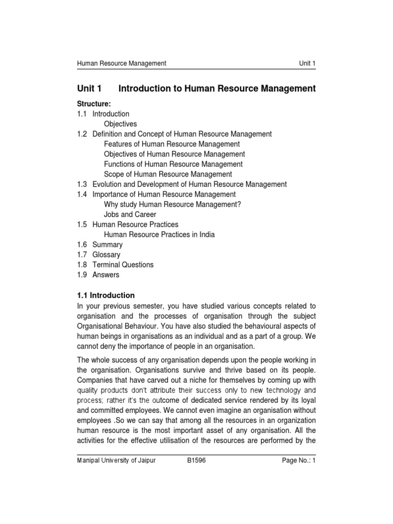 Unit 01 Introduction To Human Resource Management | PDF | Human ...