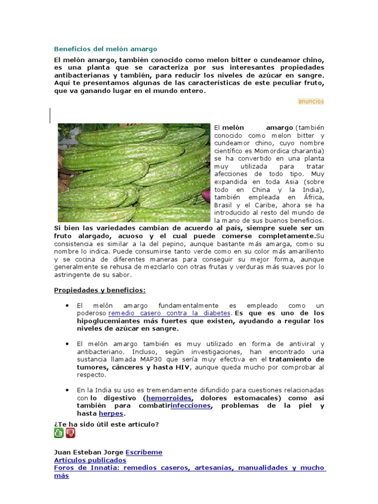 Beneficios Del Melón Amargo Pdf Salud Y Bienestar Medicina