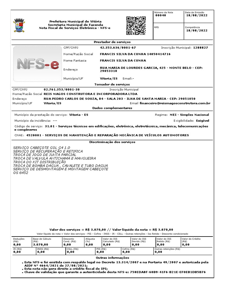 Nota fiscal de serviços de manutenção mecânica em veículo automotor | PDF