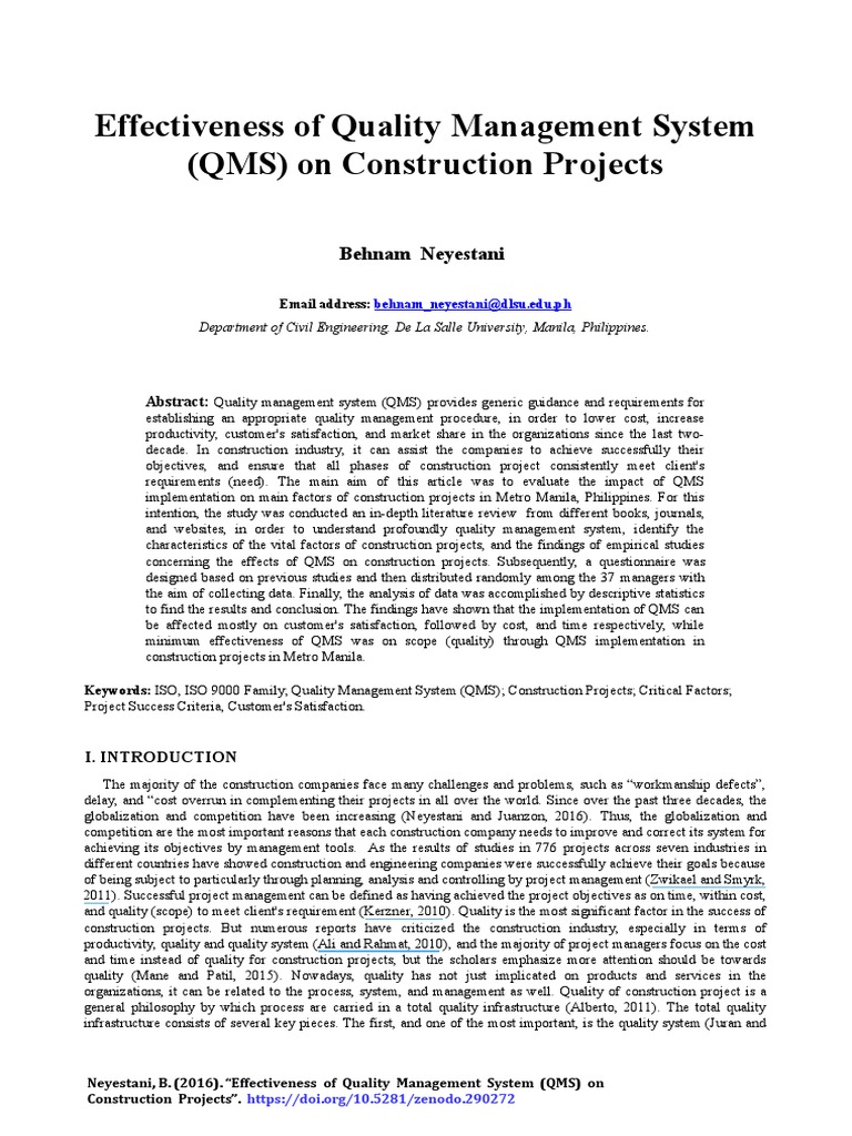 Effectiveness of Quality Management System (QMS) On Construction ...