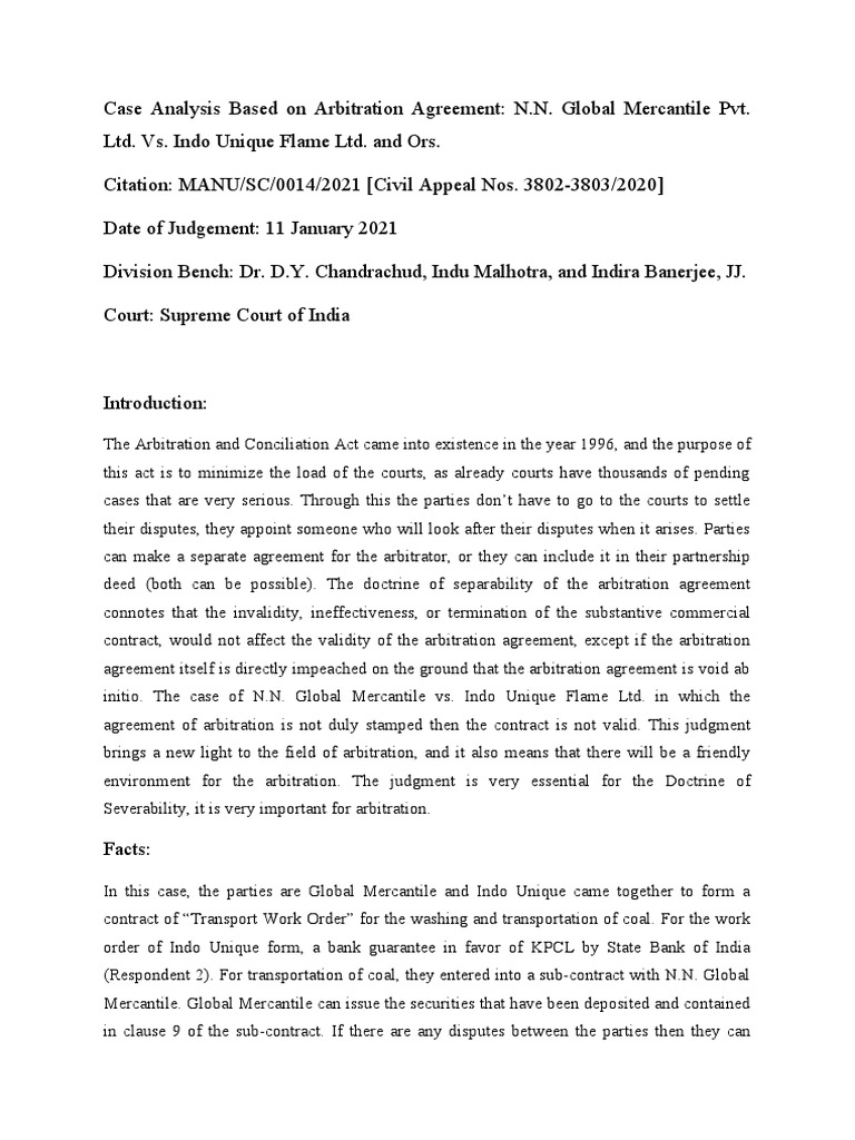 Case Analysis On - N.N. Global Mercantile PVT Ltd. vs. Indo Unique Flame Ltd. and Ors. | PDF ...