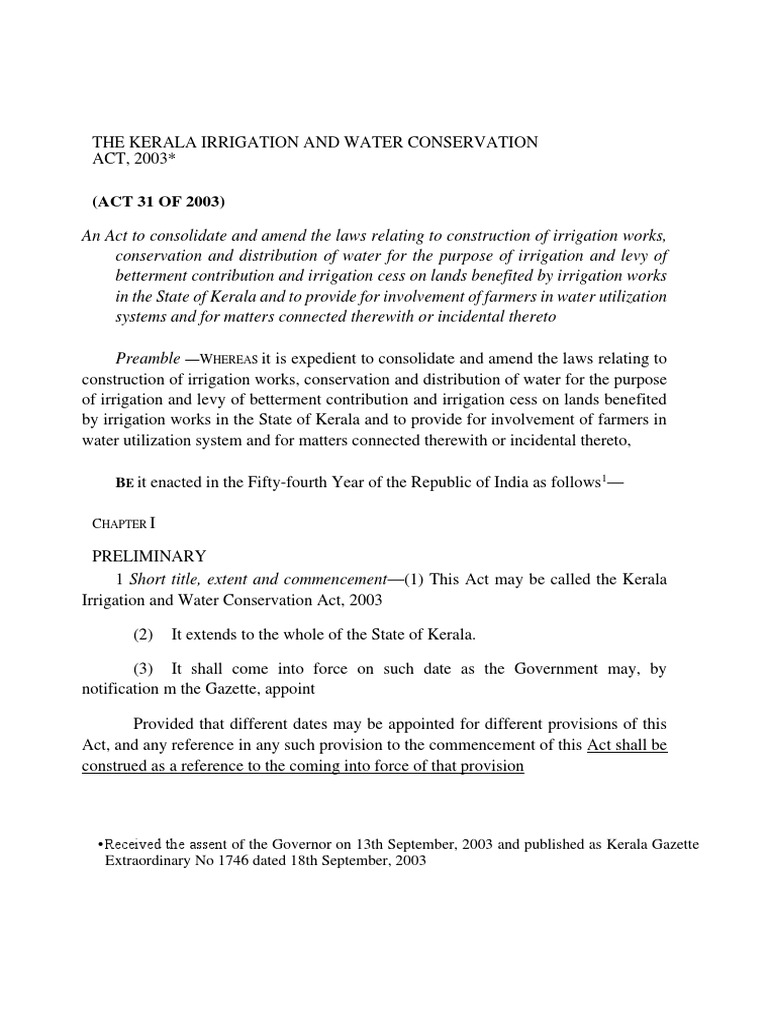 The Kerala Irrigation and Water Conservation Act, 2003 | PDF | Dam ...
