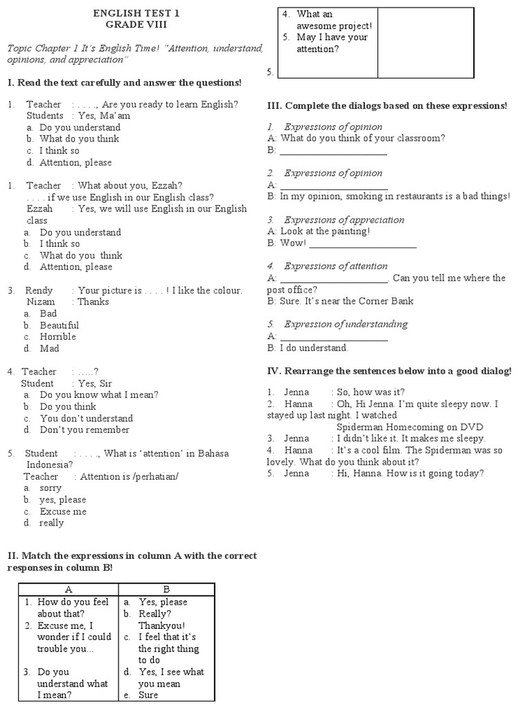 Grade 8 English Test: Chapter 1 | PDF