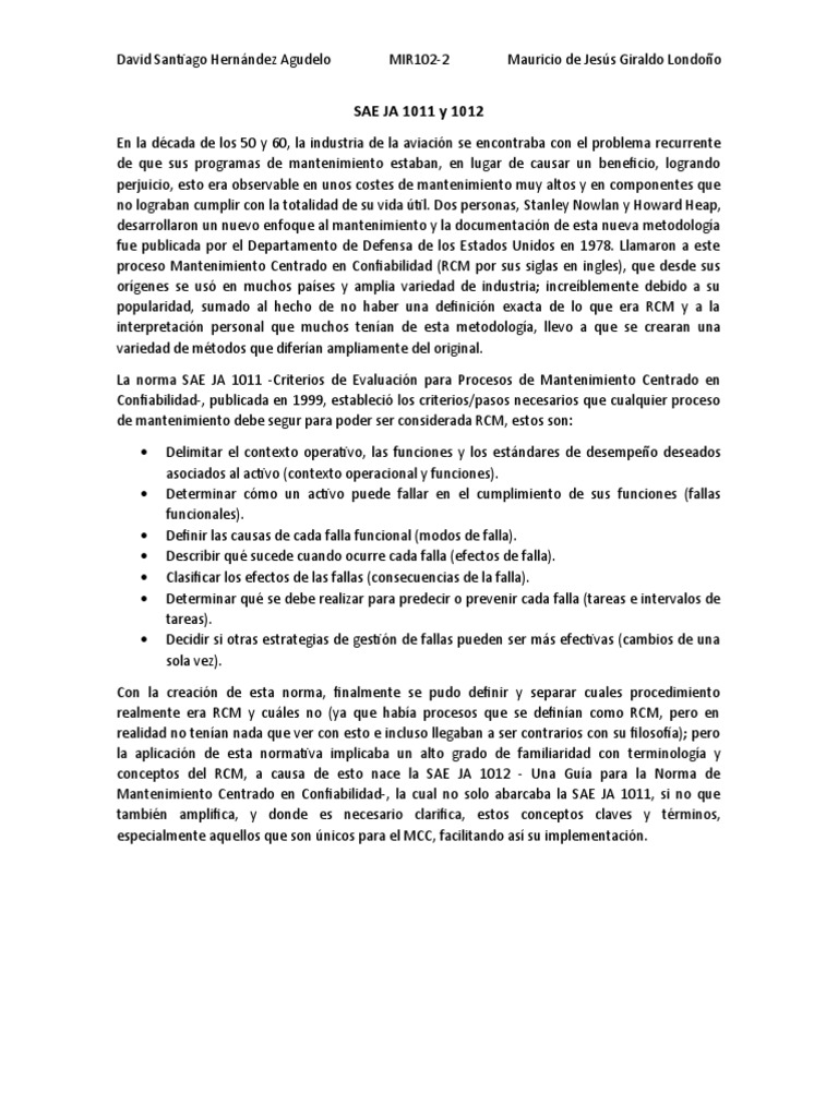 Normas SAE JA 1011 y 1012 en RCM | PDF | Ingeniería de confiabilidad