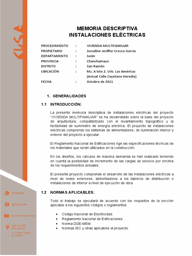 Memoria Descriptiva Instalciones Electricas | PDF | Ingenieria Eléctrica | Electricidad