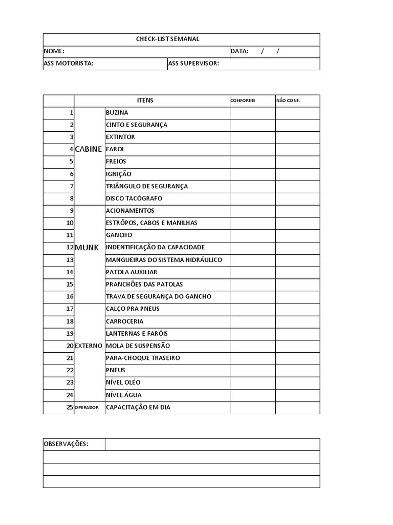 Check List Caminhão Excel | PDF