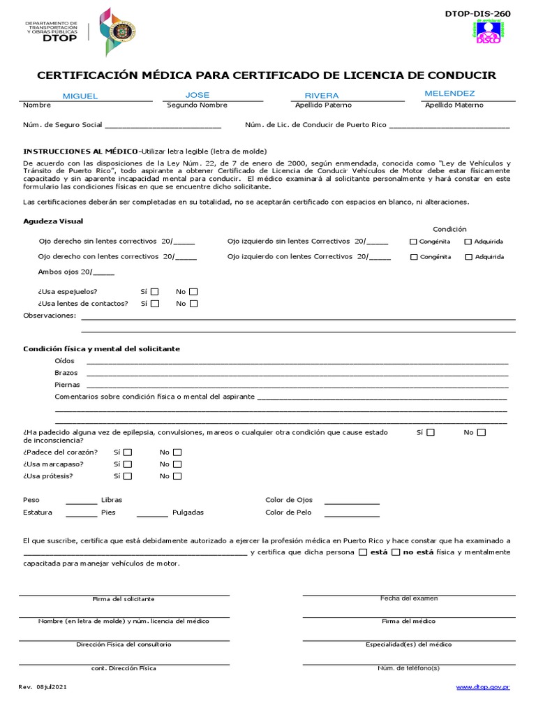 DTOP-DIS-260 Certificacion Medica para Certificado de Licencia de ...