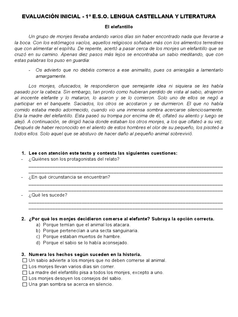 Evaluación Inicial Lengua 1 ESO | PDF