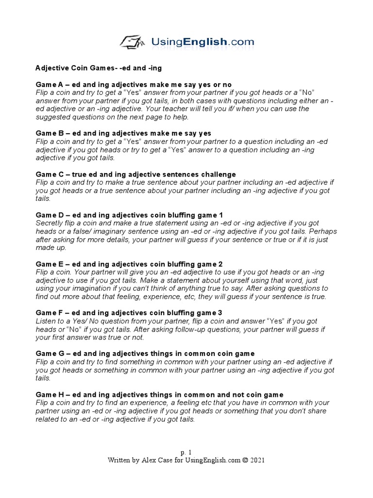 Adjective Coin Games Ed and Ing | PDF