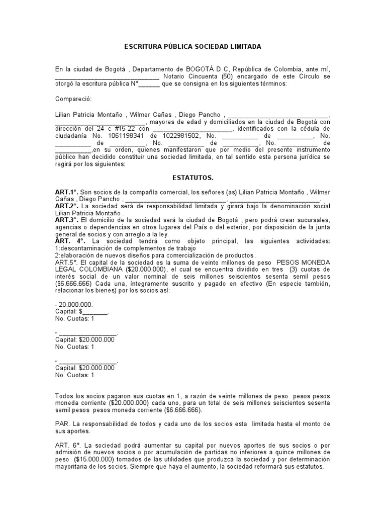 Escritura Sociedad Limitada | PDF | Sociedad de responsabilidad limitada