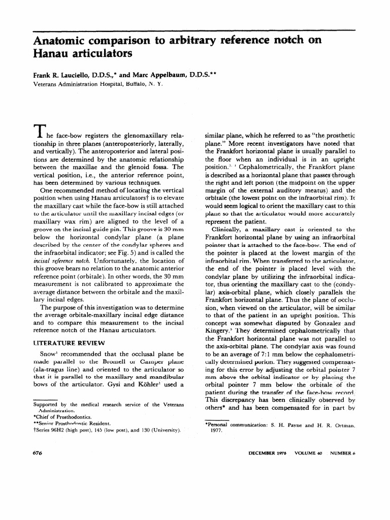 Lauciello. Anatomic Comparison To Arbitrary Reference Notch On Hanau Articulators. (1978) | PDF ...
