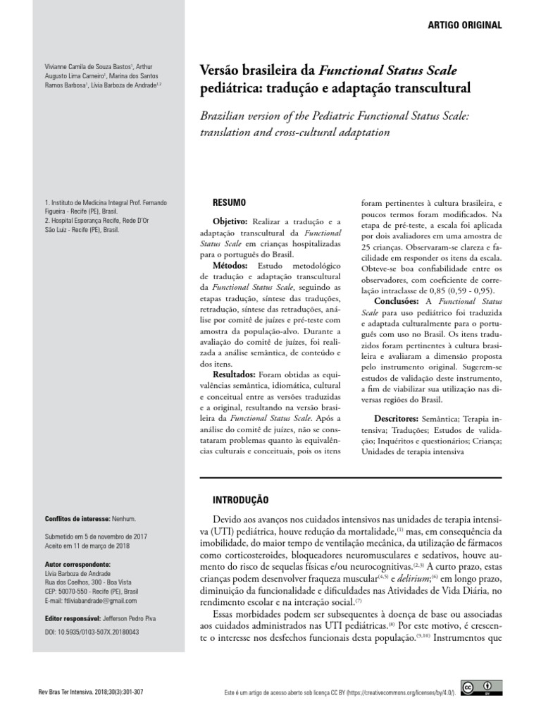 Adaptação da Functional Status Scale Pediátrica | PDF | Traduções ...