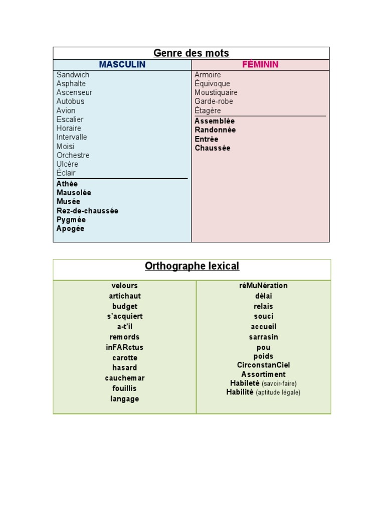 Genre des mots et exceptions en français | PDF
