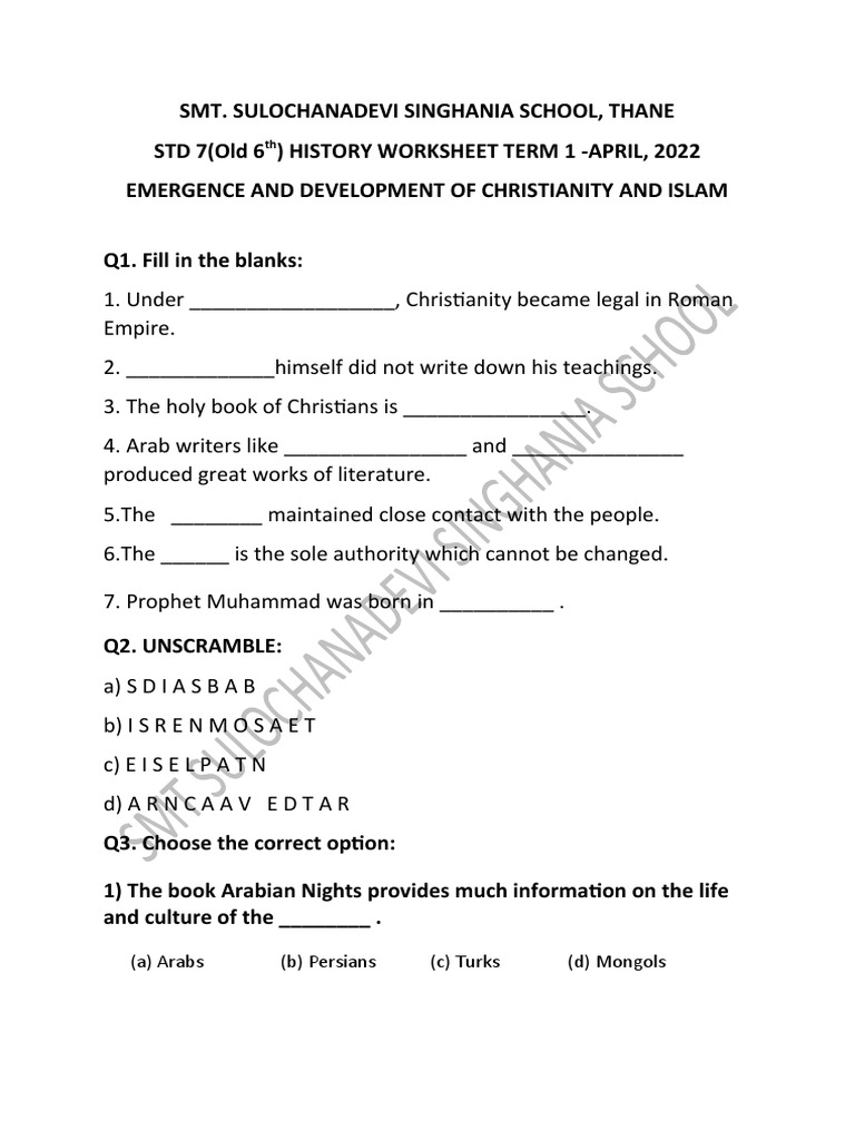 Christianity and Islam: Class 7 Worksheet | PDF | Religion & Spirituality