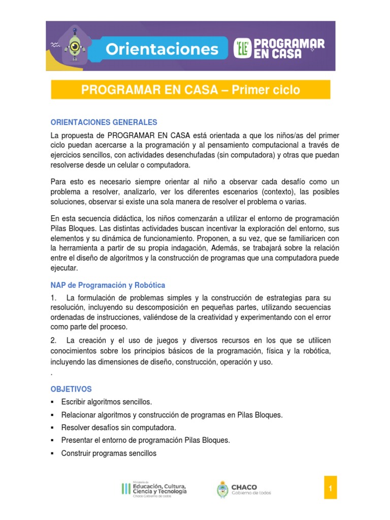 OrientacionesProgramarEnCasa PrimerCiclo Clase3 | PDF | Programación de ...