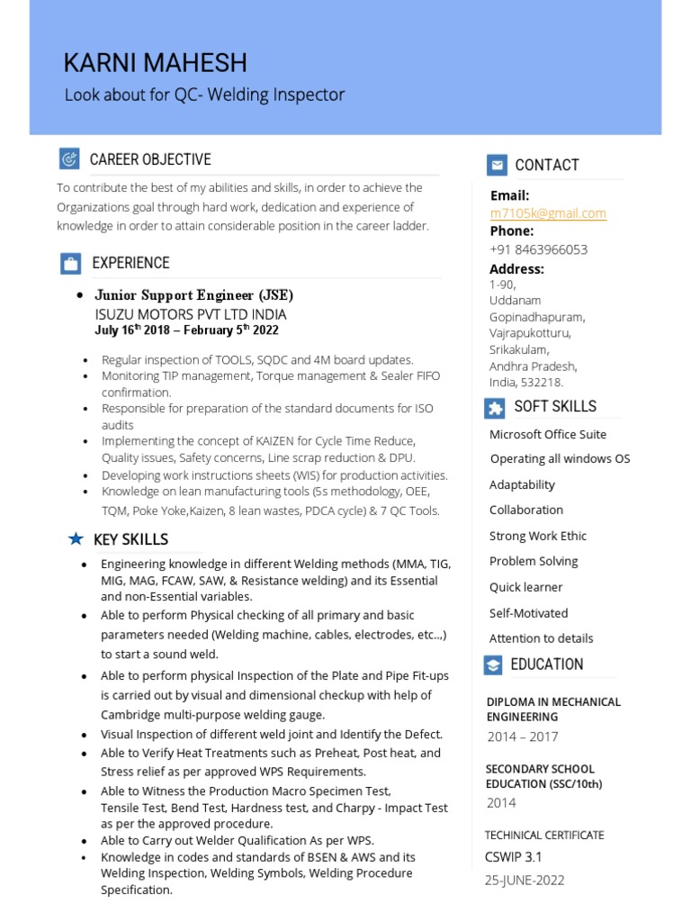 Cv for Welding Inspector | PDF | Welding | Construction