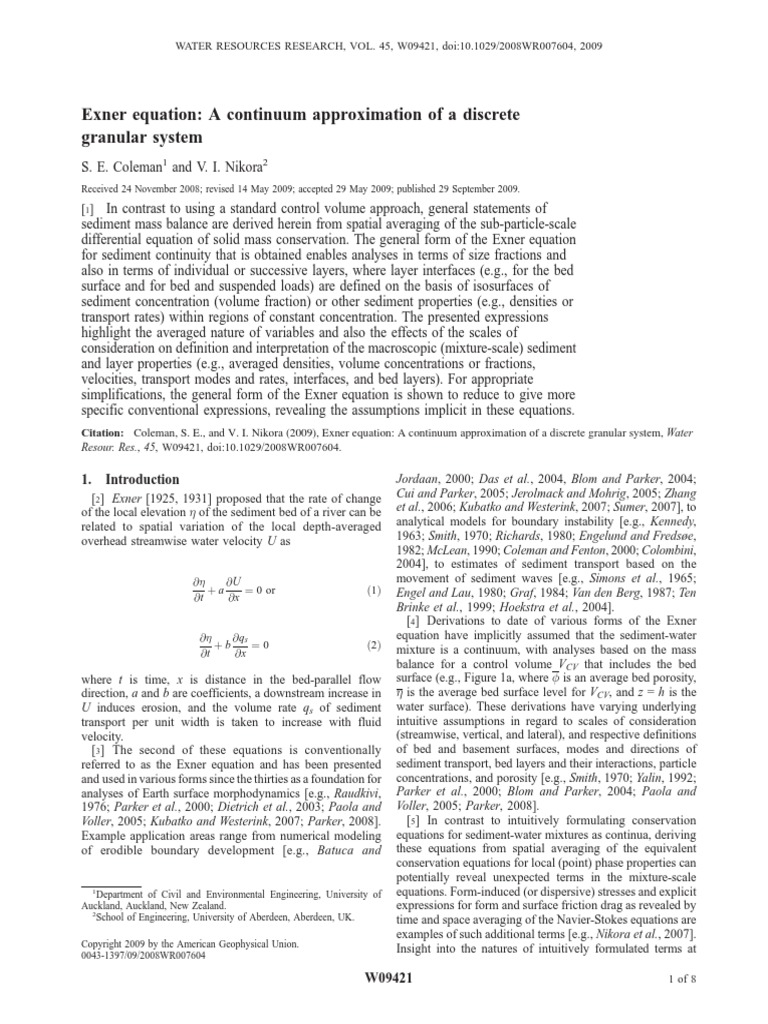Exner Equation A Continuum Approximation | PDF | Sediment | Continuum ...