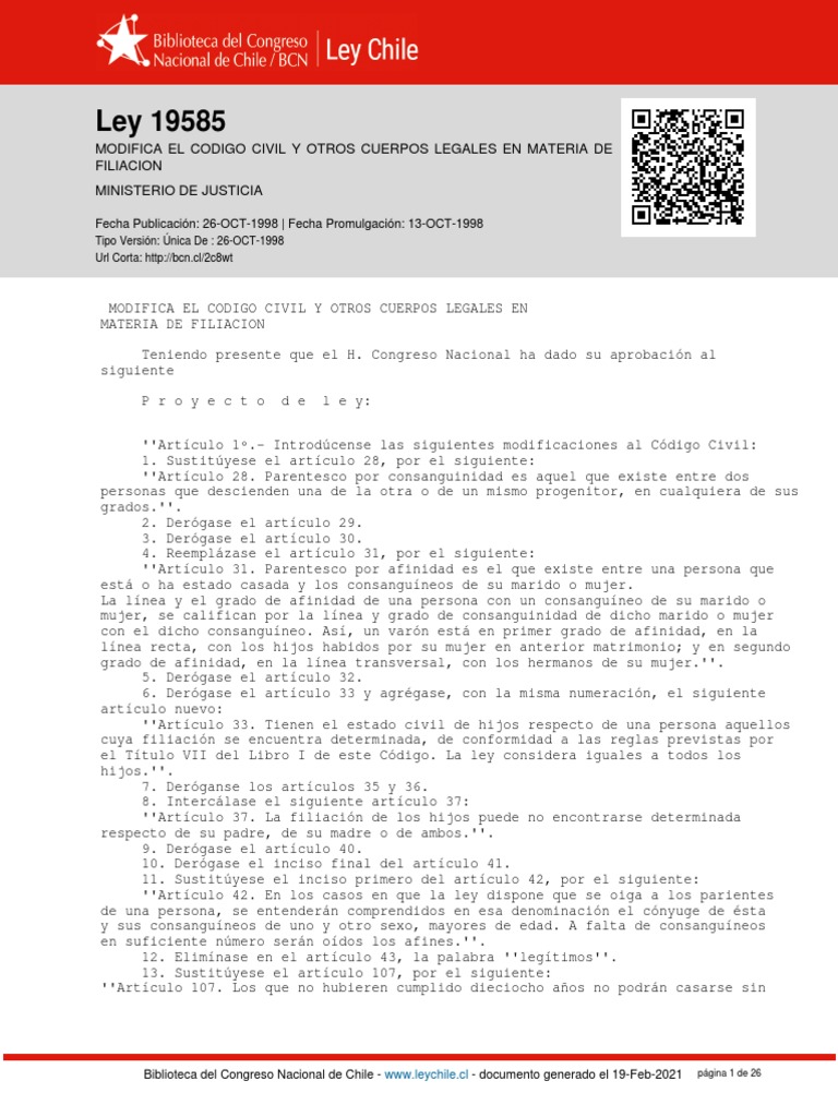 Ley-19585 Modifica El Codigo Civil y Otros Cuerpos Legales en Materia de Filiacion | PDF ...