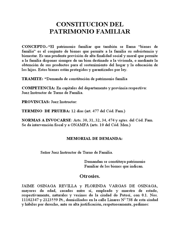 Constitucion Del Patrimonio Familiar | PDF | Testigo experto | Justicia