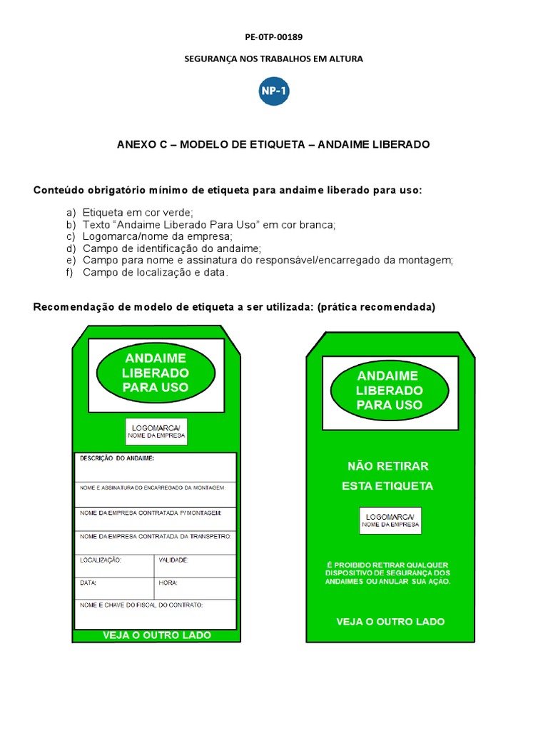 Anexo C - Modelo de Etiqueta - Andaime Liberado | PDF