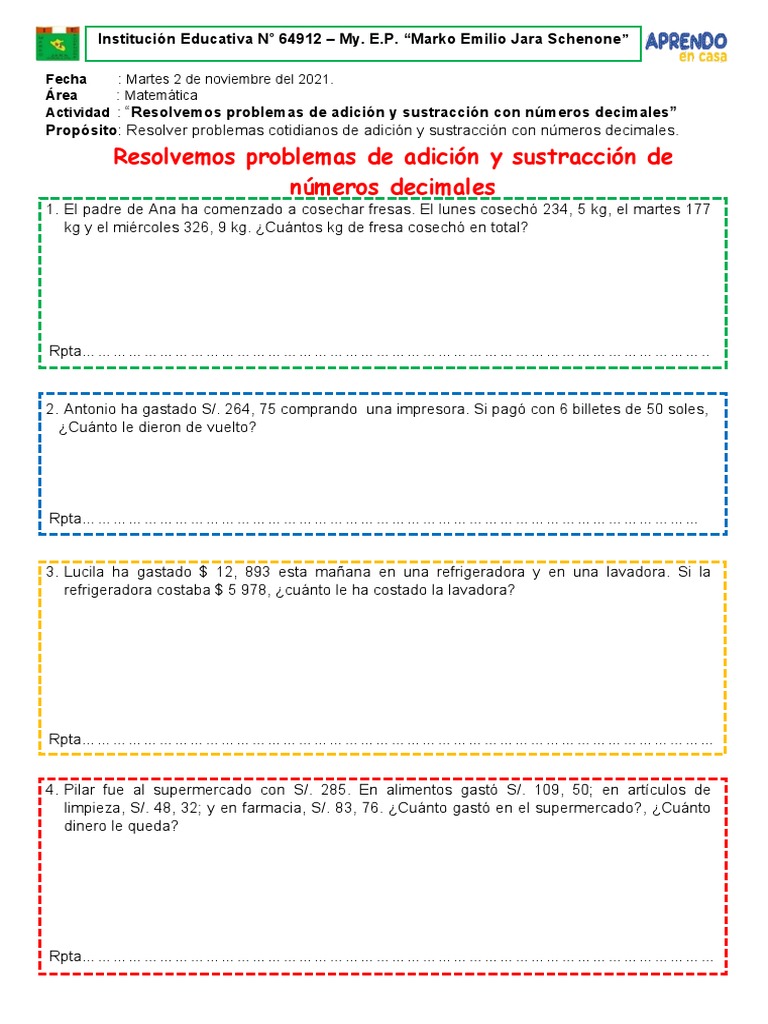 Resolvemos Problemas de Adición y Sustración Con Números Decimales | PDF
