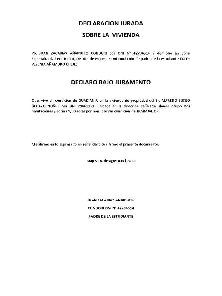 Modelo Declaracion Jurada Vivienda | PDF