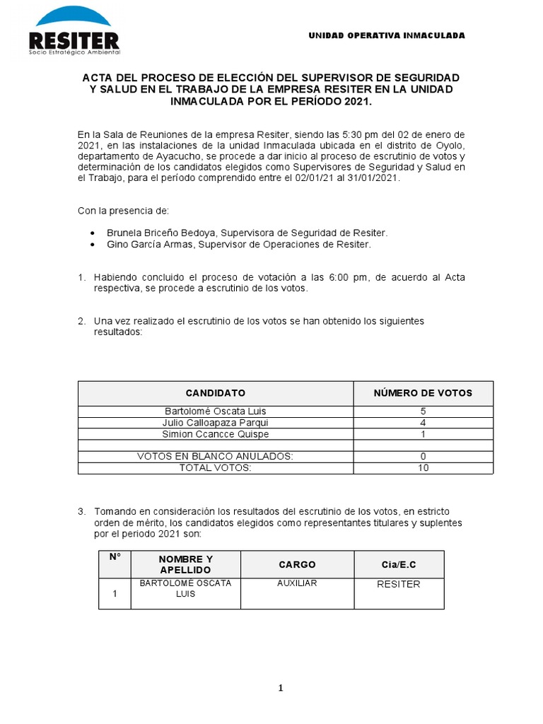 Acta de Proceso de Eleccion CSST 2019 | PDF | Gobierno | Elecciones