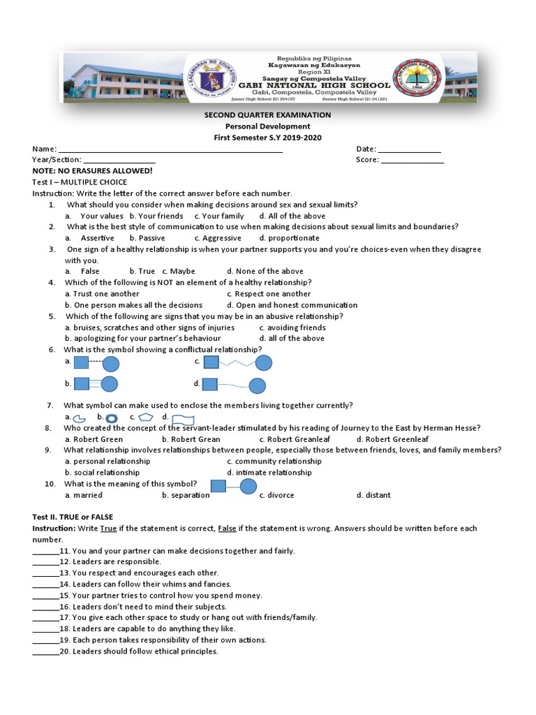 SECOND Quarter Exam Personal Development 2019-2020 | PDF | Psychology ...