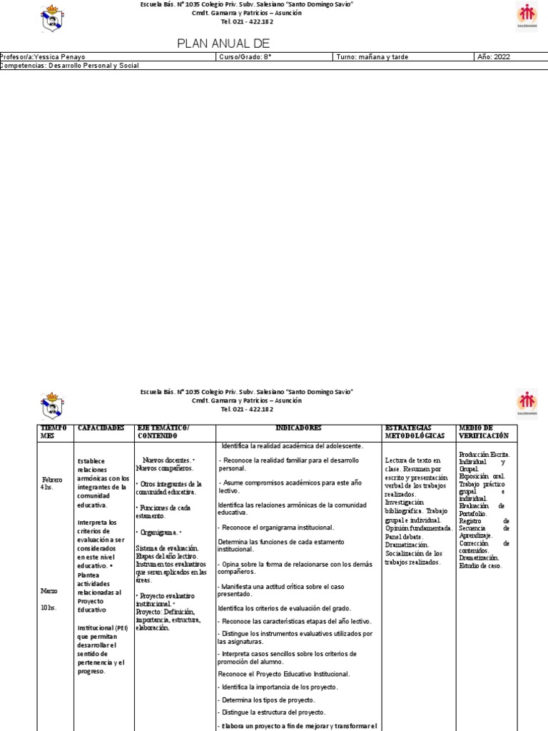 Plan Anual Desarrollo Personal y Social 8º GRADO | PDF | Evaluación ...